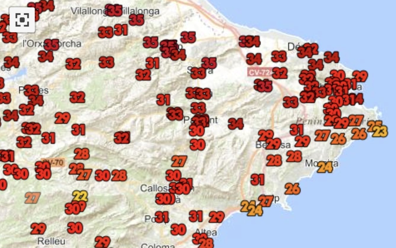 El mapa del calor en la Marina Alta: 15 municipios rebasan los 34º y la ...